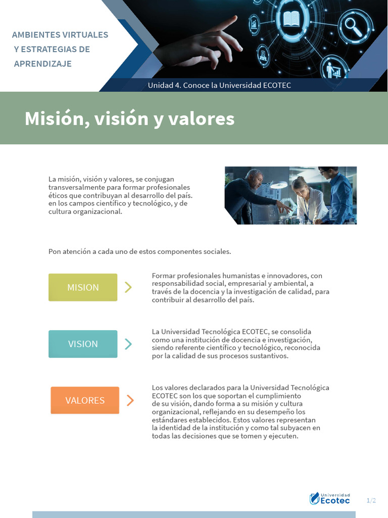 Misión, Visión y Valores de ECOTEC | PDF | Institución