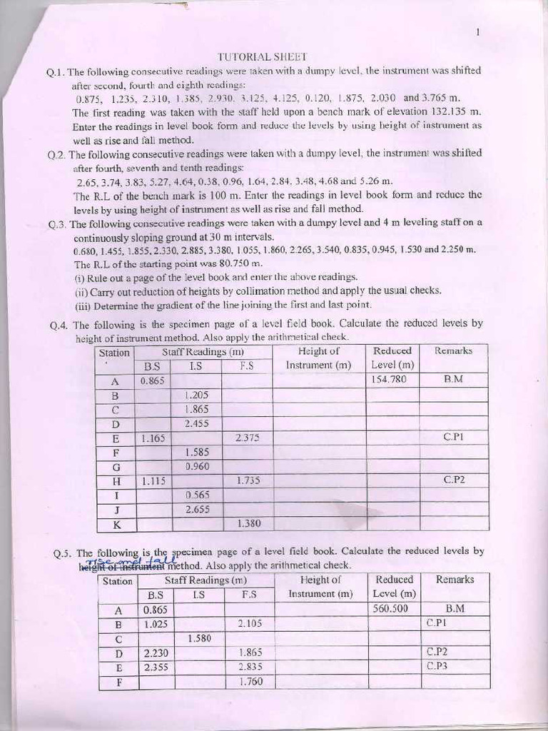 Tutorial Sheet 1 - Levelling | PDF