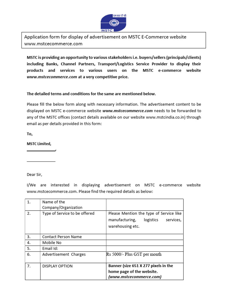 MSTC Advt Scheme Application Form V1 26 09 2023 | Download Free PDF ...