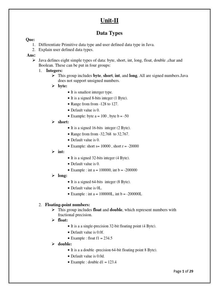 Java Unit II | PDF | Data Type | Boolean Data Type