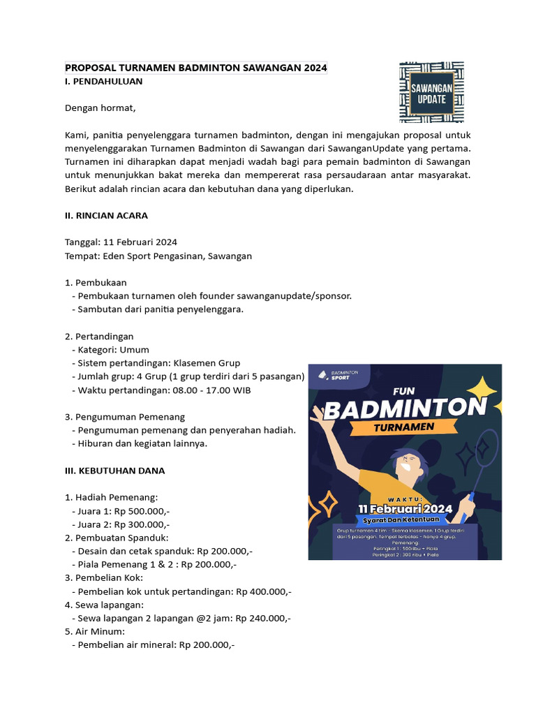 Proposal Turnamen Badminton Sawanganupdatesporty 2024 | PDF