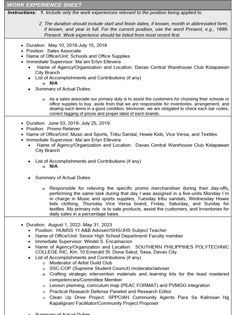 CS Form No. 212 Attachment - Work Experience Sheet | PDF | Business