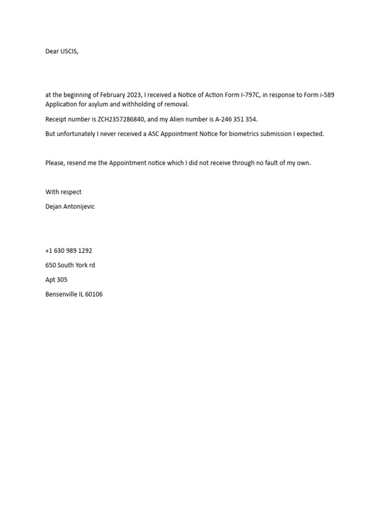 Miso Martinovic Request for Biometrics Appointment | PDF