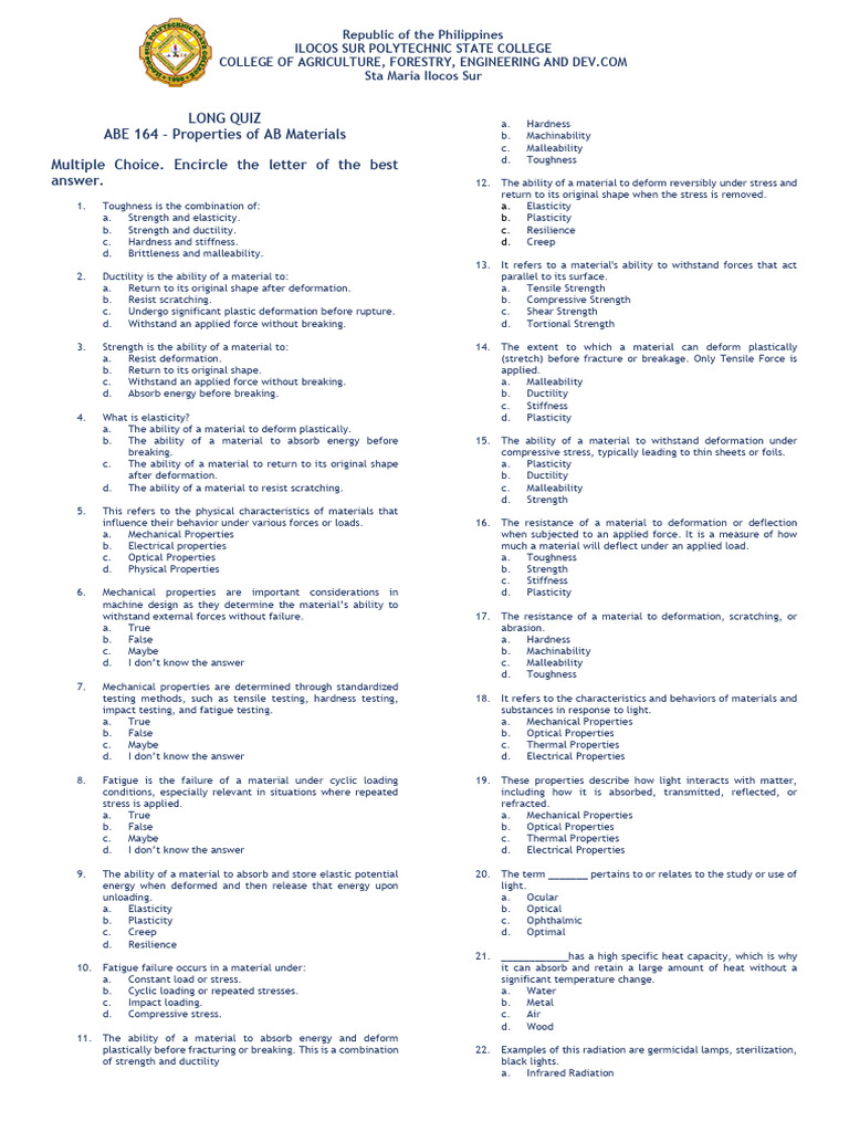 AB Materials Properties Quiz | PDF | Ductility | Strength Of Materials