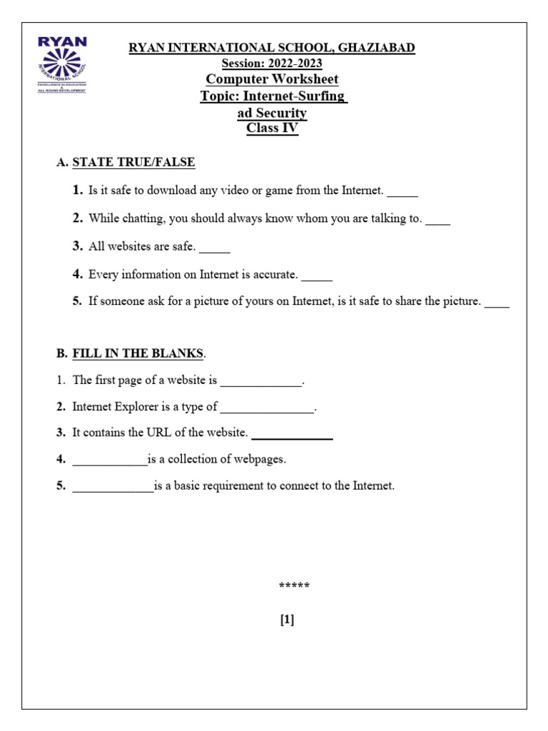 Computer Worksheet Topic: Internet-Surfing Ad Security Class IV | PDF
