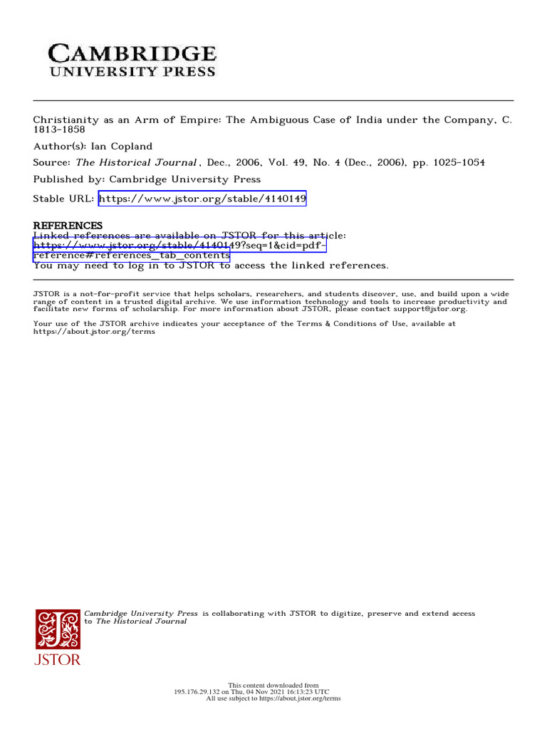 CHRISTIANITY AS AN ARM OF EMPIRE: THE AMBIGUOUS CASE OF INDIA UNDER THE COMPANY, C. 1813-1858 ...
