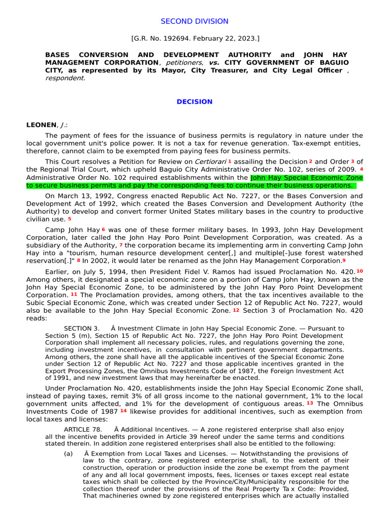 BCDA and John Hay Management Corporation v. City of Baguio | PDF
