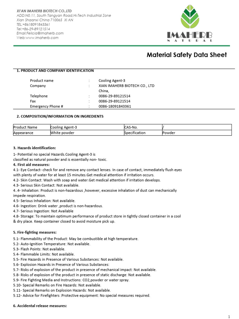 MSDS-Cooling Agent-3 | PDF | Personal Protective Equipment | Dangerous ...