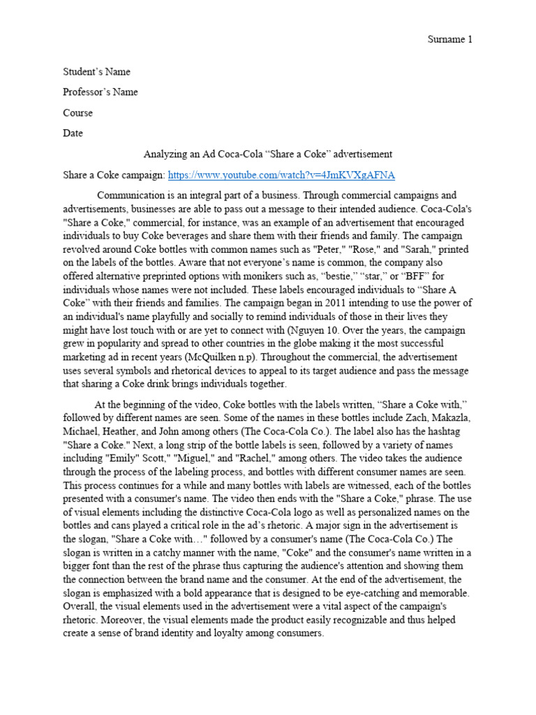 Analyzing An Ad - Edited | PDF | Coca Cola | Brand