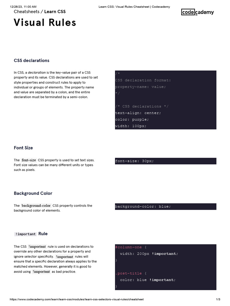Learn CSS - Visual Rules Cheatsheet - Codecademy | PDF | Typefaces ...