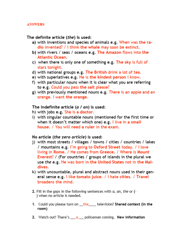 Articles - Answer Key | PDF | Noun | Plural