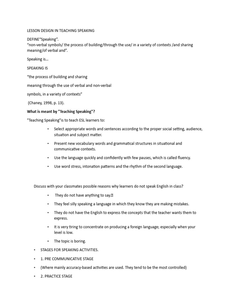 Lesson Design in Teaching Speaking | PDF | Nonverbal Communication | Learning