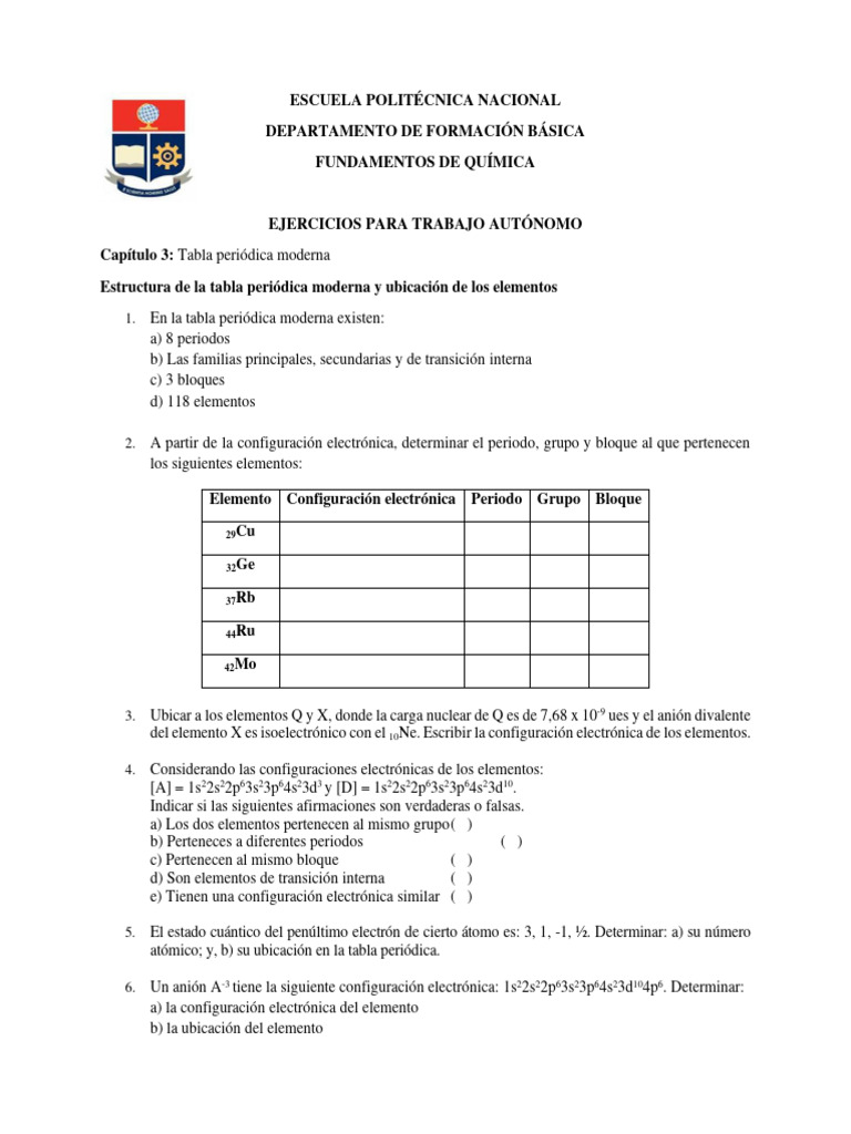 Capitulo 3. Ejercicios para Trabajo Autónomo | PDF | Tabla periódica | Ion