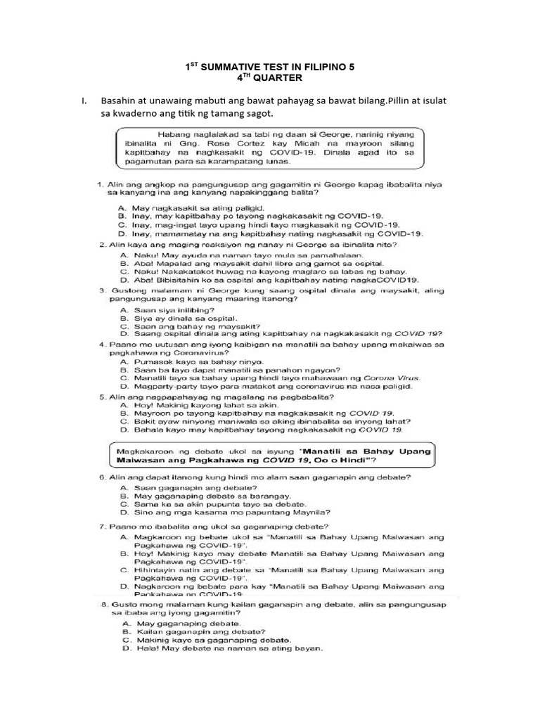 1st Summative Test in Filipino 5 Quarter 4 | PDF
