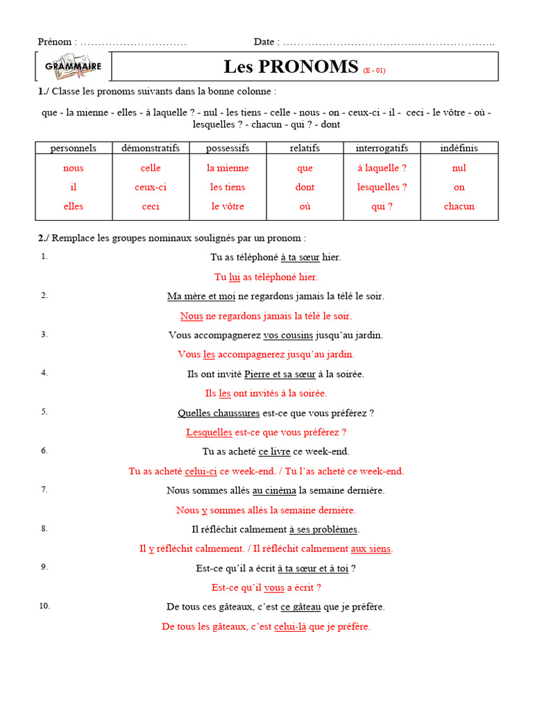Exercices sur les pronoms personnels | PDF