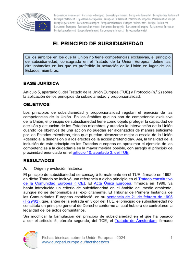 El Principio de Subsidiariedad: Base Jurídica | PDF | Parlamento ...