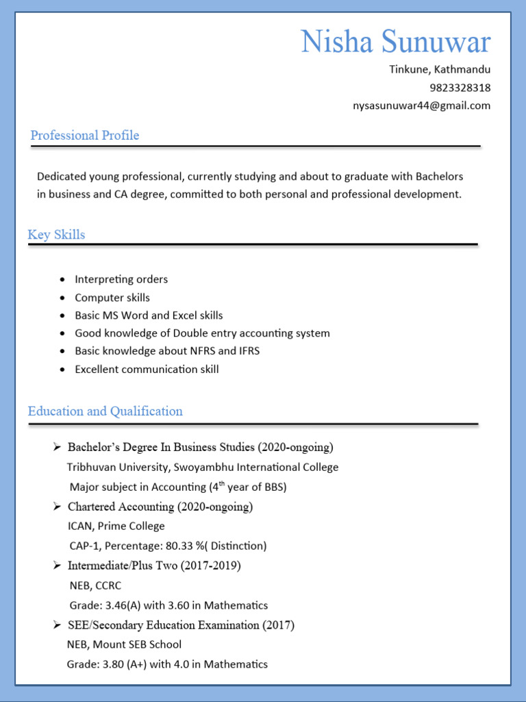 Nisha Sunuwar: Professional Profile | PDF