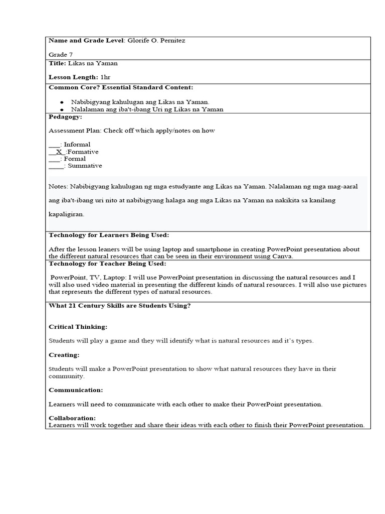 Tpack-Lesson Plan Pernitez | PDF | Career & Growth | Language Arts ...