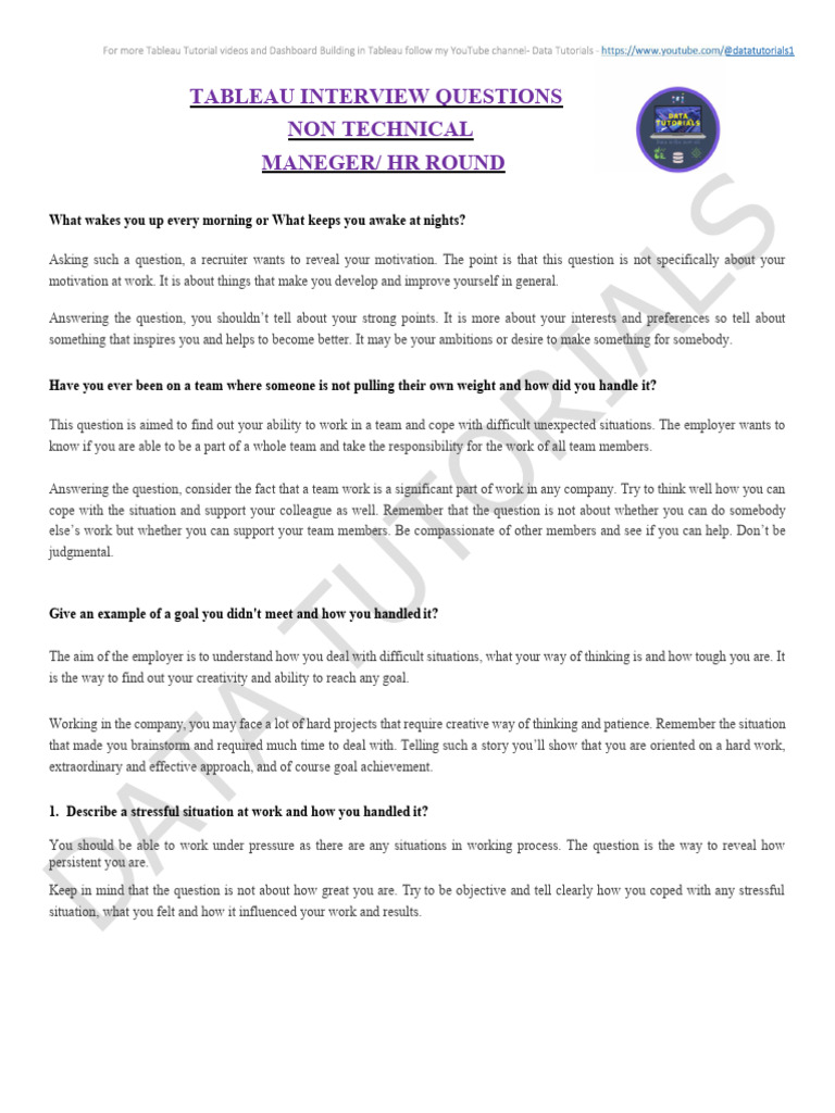 Tableau Non-Technical Interview Questions | PDF | Experience | Question