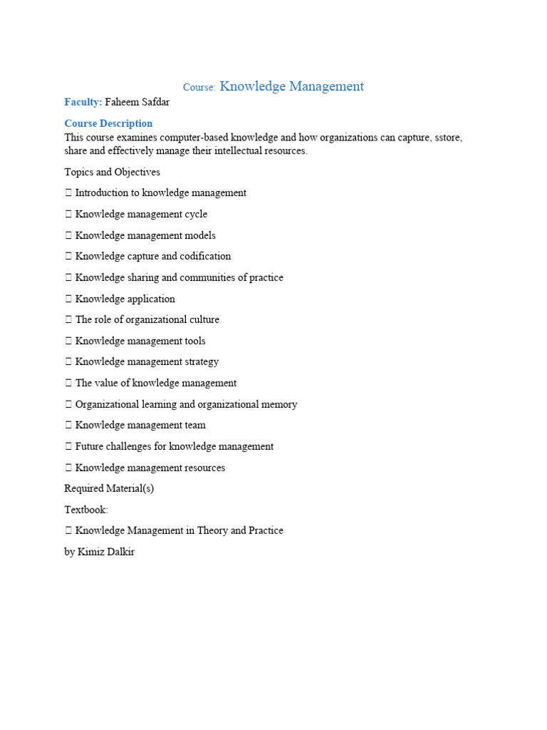 Course Outline Knowledge Management | PDF