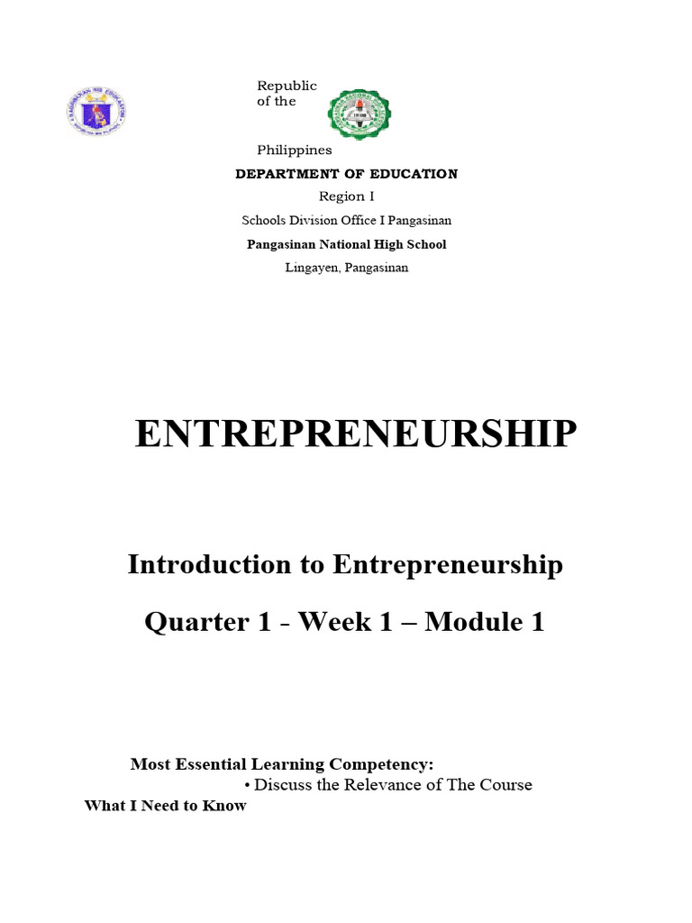 Introduction to Entrepreneurship Module | PDF | Entrepreneurship ...