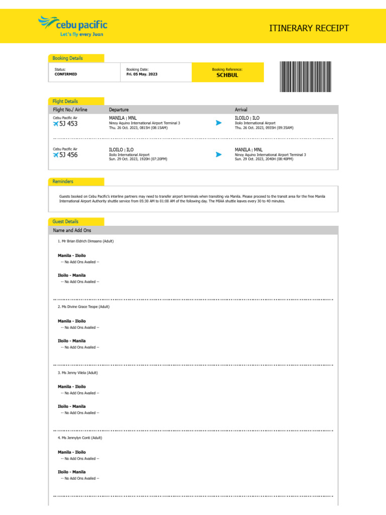 Cebu Pacific Print Itinerary | PDF | Aviation | Transport
