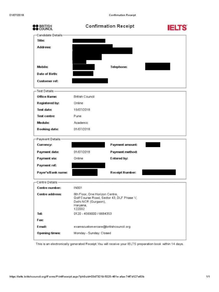 IELTS Receipt Example | PDF