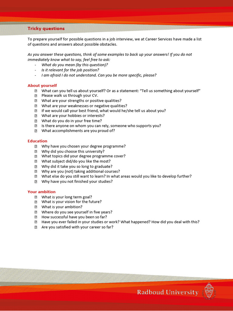 Tricky Questions | PDF | Experience | Job Hunting