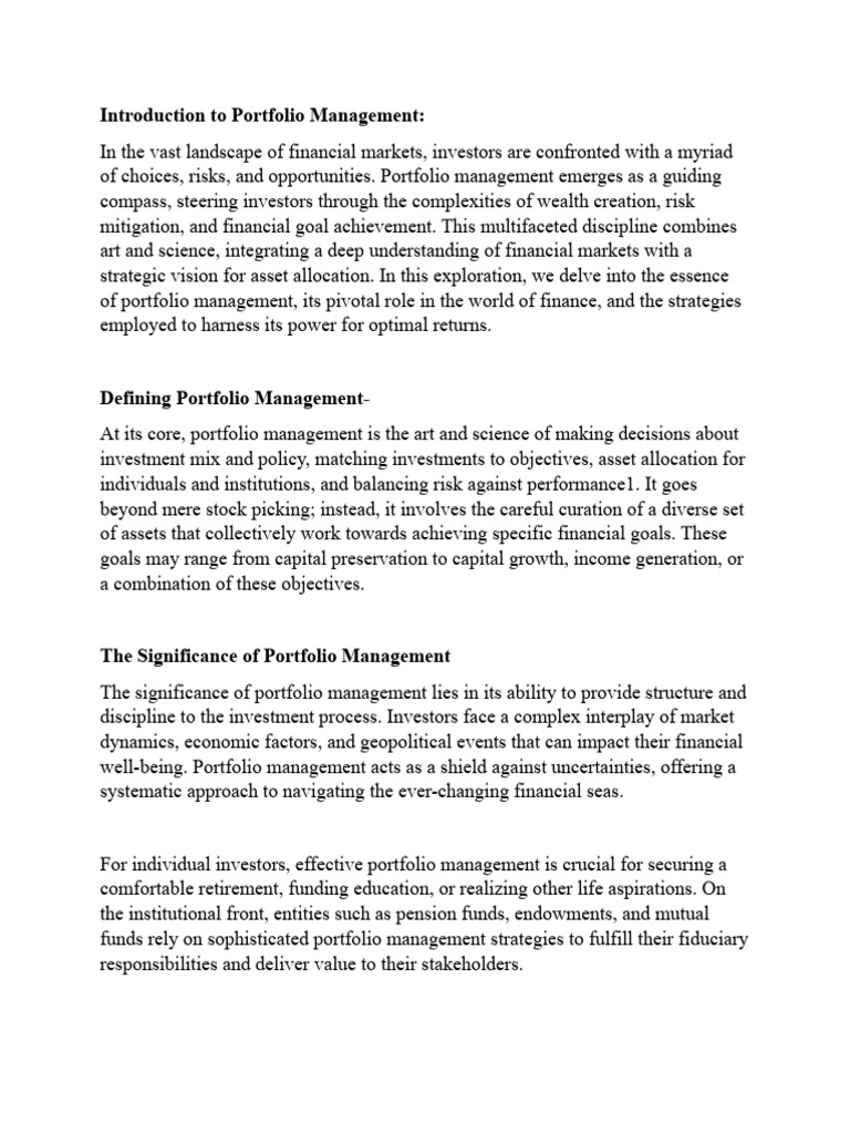 Introduction To Portfolio Management Pdf Modern Portfolio Theory