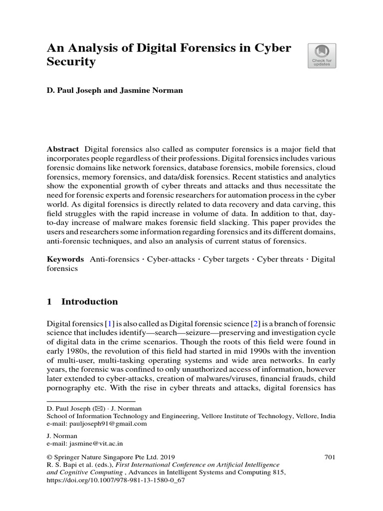 An Analysis of Digital Forensics in Cyber Security: D. Paul Joseph and Jasmine Norman | PDF ...