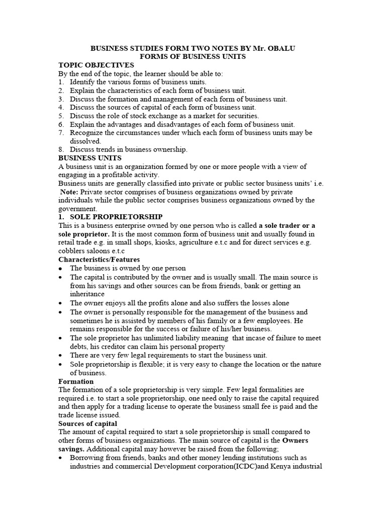 BUSINESS STUDIES FORM TWO NOTES BY MR | PDF | Partnership | Stocks