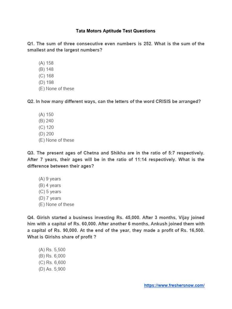 Tata Motors Aptitude Test Questions | PDF