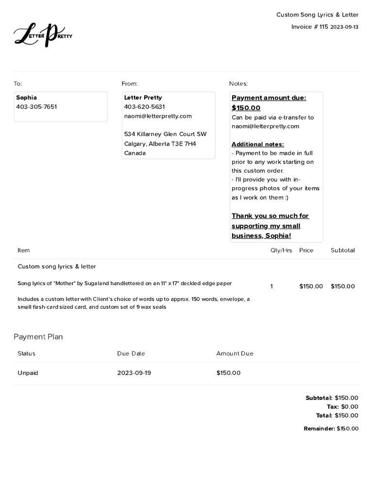 Custom Song Lyrics Invoice for Sophia | PDF | Money | Economies