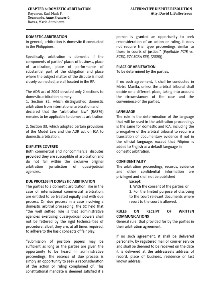 Group 6 DOMESTIC ARBITRATION | PDF | Arbitration | Alternative Dispute Resolution