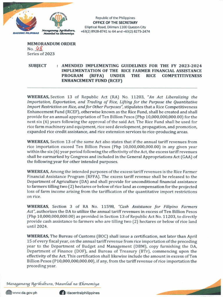 MO No. 68 S. 2023 Implementing Guidelines For FY 2023 RCEF RFFA | PDF