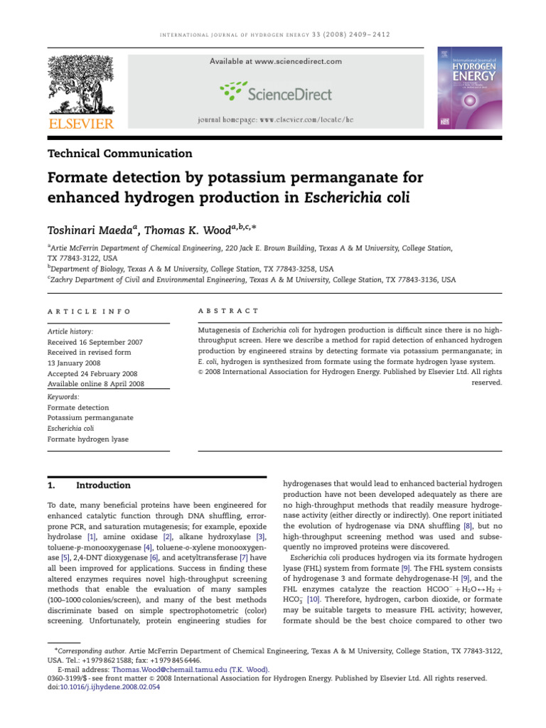 Formate Detection Int J H2 Energy 2008 | PDF | Escherichia Coli | Chemistry