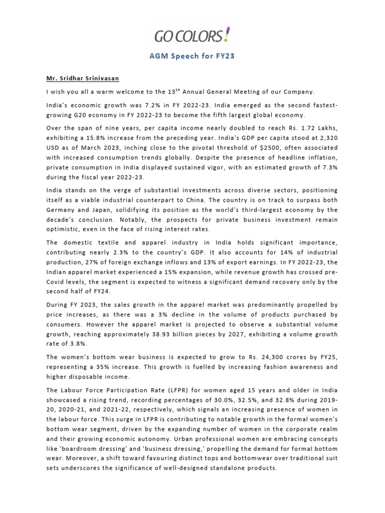 Chairman Speech at Agm Fy23 | PDF | Economies