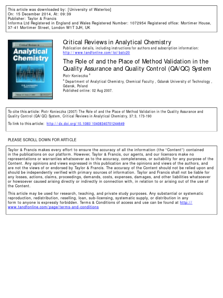 The Role of and The Place of Method Validation in The Quality Assurance and Quality Control ...