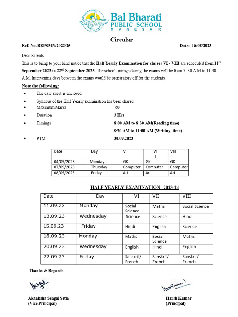 Half Yearly Exam Schedule 2023 24 Pdf