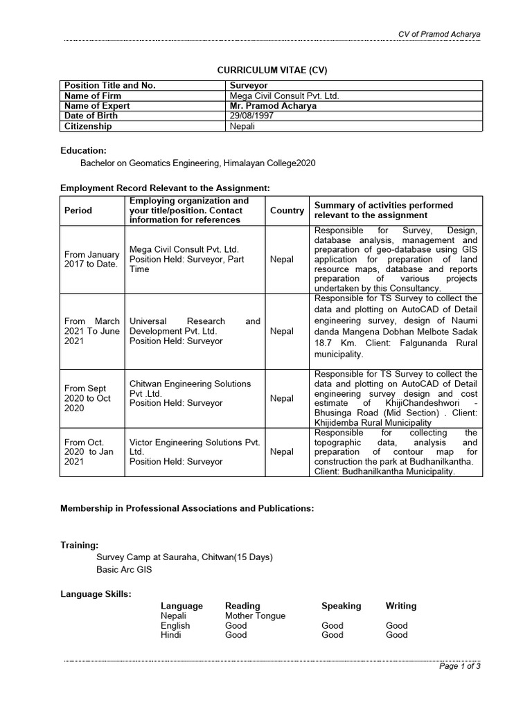 Pramod Acharya CV | PDF | Surveying | Geographical Technology
