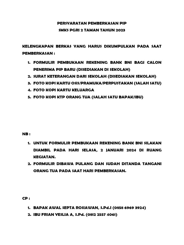 Persyaratan Pemberkasan Pip | PDF