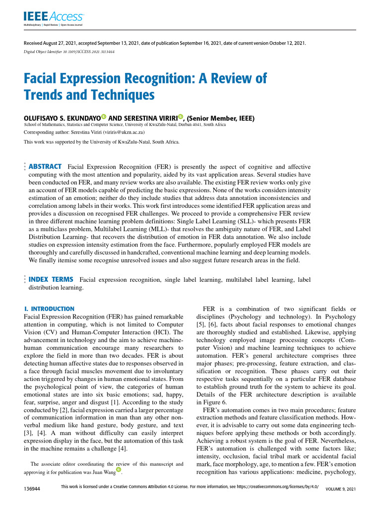 Facial Expression Recognition A Review of Trends and Techniques | PDF | Statistical ...
