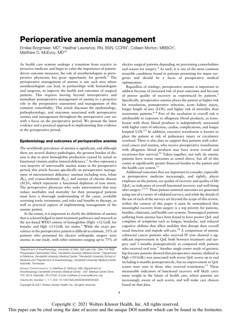 Perioperative Anemia Management | PDF