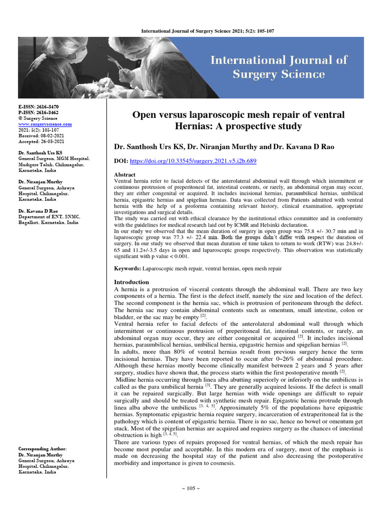 Open Versus Laparoscopic Mesh Repair of Ventral Hernias: A Prospective Study | PDF | Medical ...