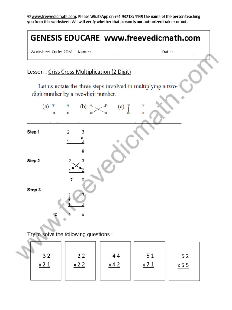 Vedic Math Worksheet 3 - Multiplication of 2 Digit Numbers | PDF
