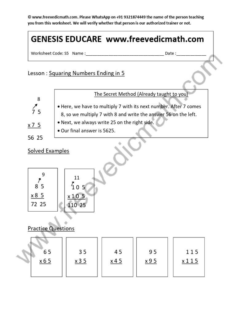 Vedic Math Worksheet 1 - Squaring Numbers Ending in 5 | PDF