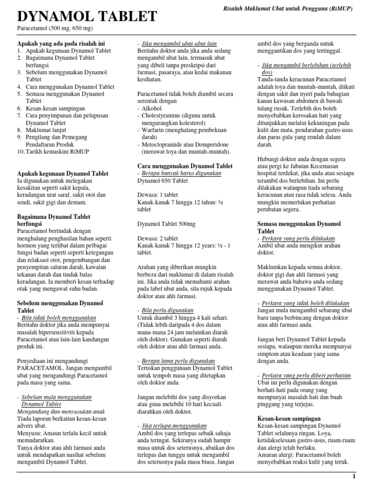 Dynamol Tablet Paracetamol DYNAPHARM M SDN BHD 11apr2018 BM | PDF