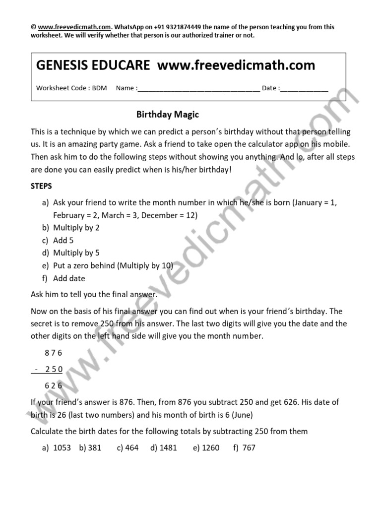 Vedic Math Worksheet 7 - Birthday Magic | PDF