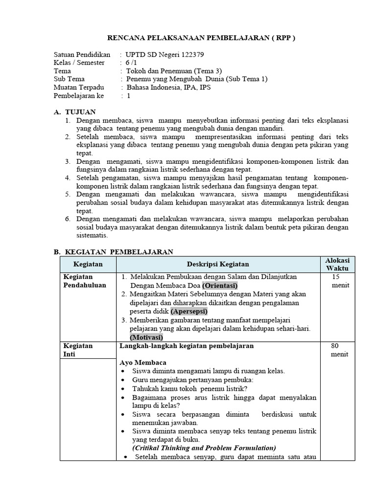 Revisi RPP Tema 3 Subtema 1 Fix | PDF