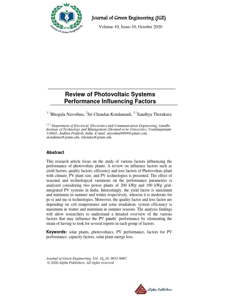 Review of Photovoltaic Systems Performance Influencing Factors | PDF ...